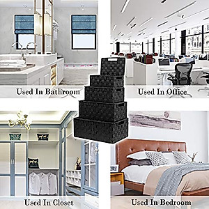 VK Living Storage Baskets Woven Basket Bin Container Tote Cube Organizer Set Stackable Storage Basket Woven Strap Shelf Organizer Built-In Carry Handles (Lid Bins - 4 Pack, Black)