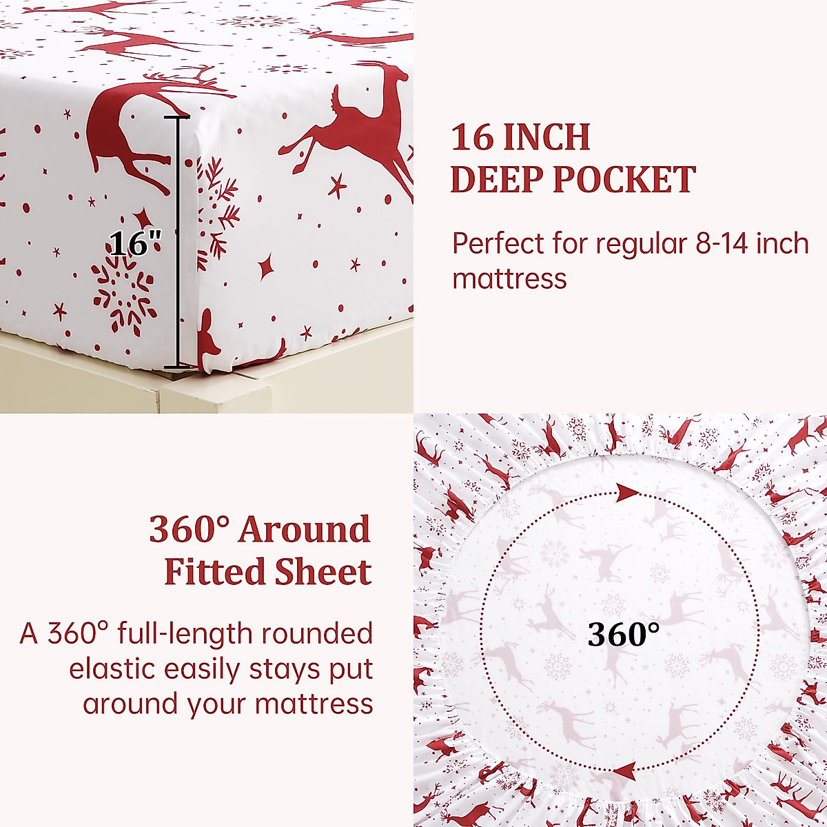 CAROMIO Christmas Sheets Twin, Soft Brushed Microfiber Bed Sheet Set, 16 Inches Deep Pocket Fitted Sheet Winter Holiday Sheets Set (Red Reindeer, Twin)