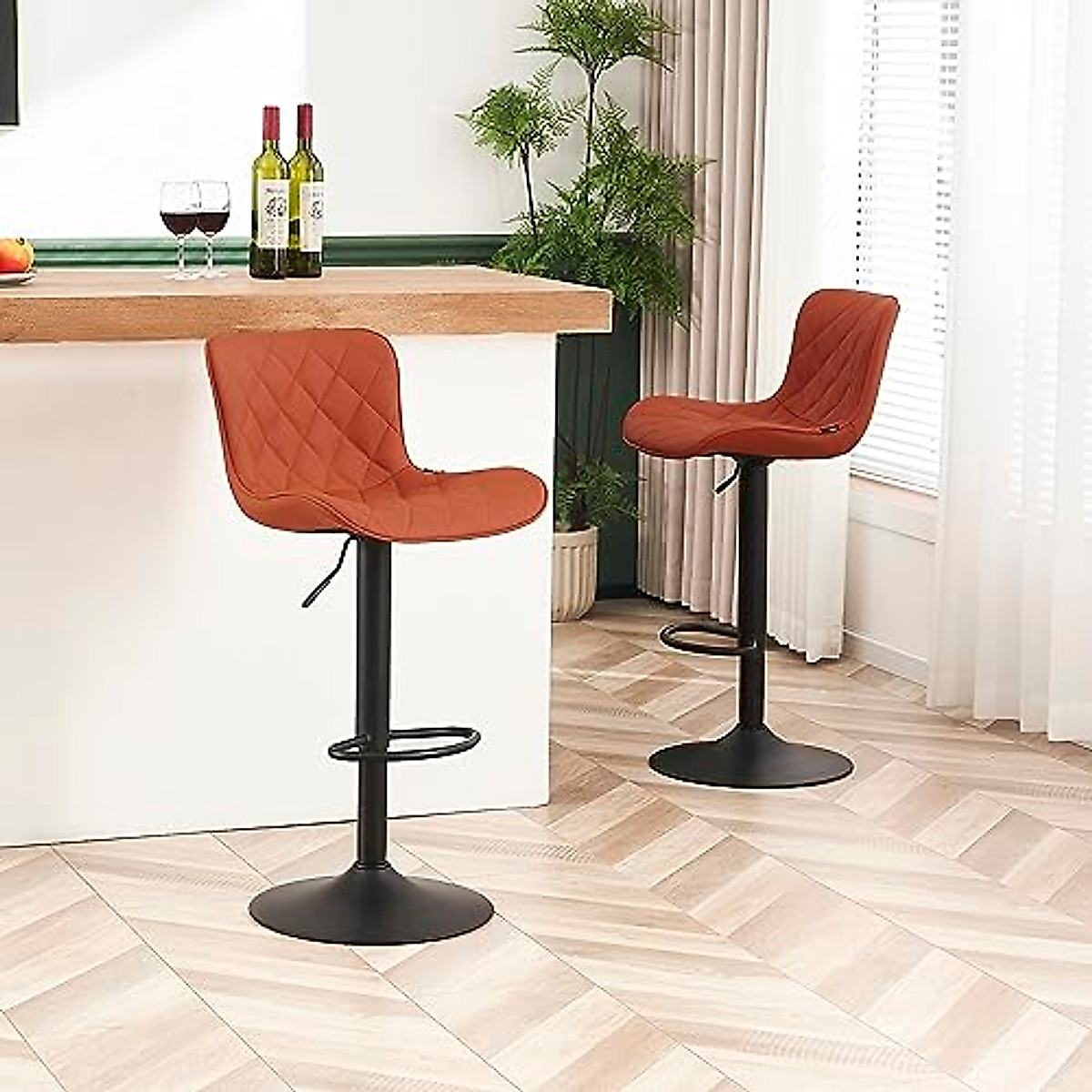 YOUNUOKE Bar Stools Set of 2 with Back Modern Faux Leather Swivel Counter Height Barstools Adjustable Tall Bar Stool Chairs for Kitchen Islands, Ochre Red