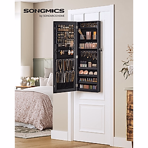SONGMICS Mirror Jewelry Cabinet Armoire, Wall or Door Mounted Jewelry Storage, Hanging Lockable Frameless with 2 Plastic Cosmetic Organizers, Gift Idea, Black UJJC001B01