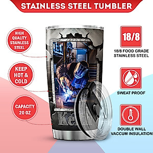 KOIXA Personalized Skull Tumbler Welder Gifts For Men Unique Stainless Steel Coffee Travel Mug 20oz Skull Themed Things For Welders Insulated Cup With Photo And Name Welding Gift