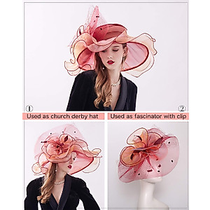 Z&X Women's Organza Church Fascinator Hair Clip Bridal Wedding Tea Party Hat Wide Brim Anti-UV Sun Hat Coral Red