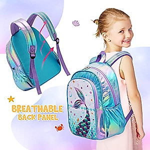 WAWSAM Glitter Mermaid Backpack Set - Sparkly School Backpack with Lunch Box for Girls Preschool Kindergarten Elementary 15” Blue Hiking Travel Book Bag Schoolbag Insulated Lunch Bag