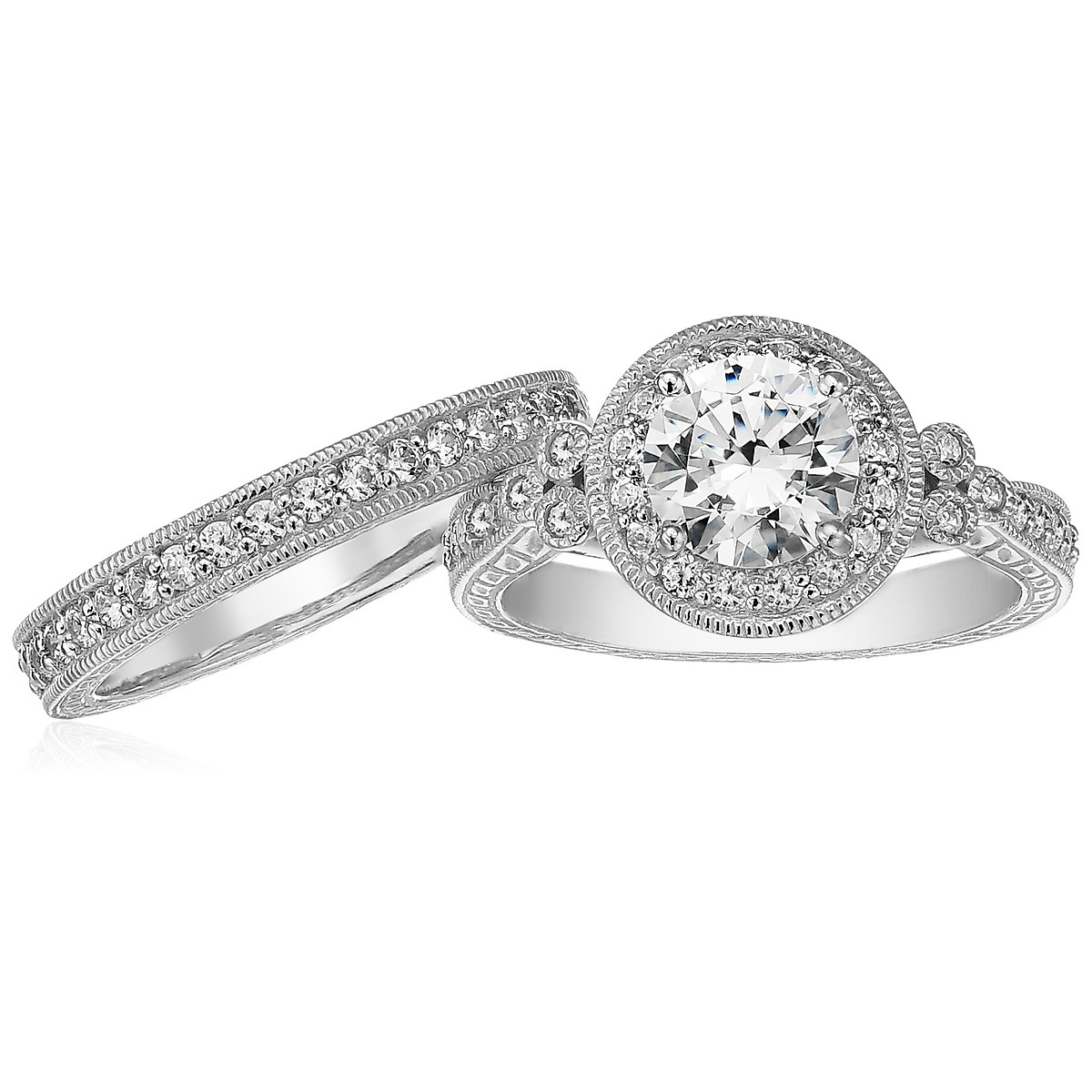 Amazon Essentials Platinum-Plated Sterling Silver Antique Rings set made with Infinite Elements Cubic Zirconia, Size 7, (previously Amazon Collection)