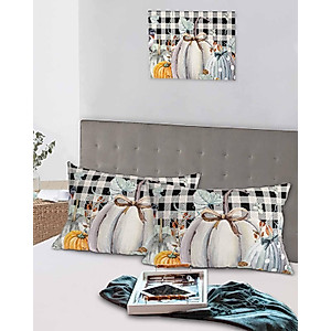 Thanksgiving Pillow Covers Standard Size Set of 2 Bed Pillow, Farmhouse Black Plaid Fall Pumpkin Maple Leaves Plush Soft Comfort for Hair/ Skin Cooling Pillowcases with Envelop Closure 20''x26''