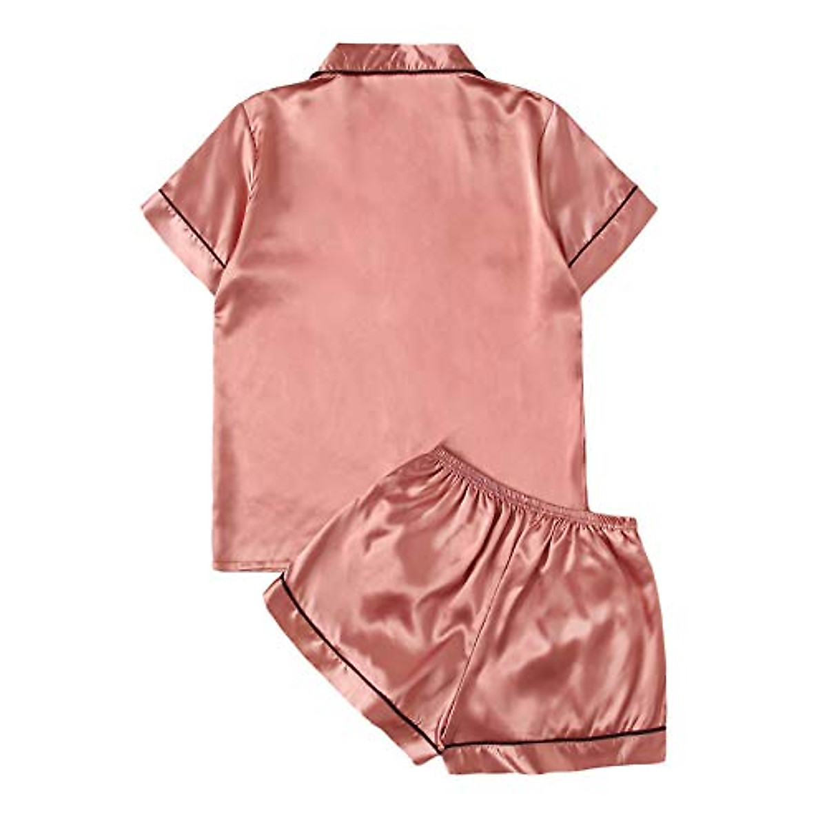 Verdusa Women's 2pc Satin Nightwear Button Front Sleepwear Short Sleeve Pajamas Set Pink S