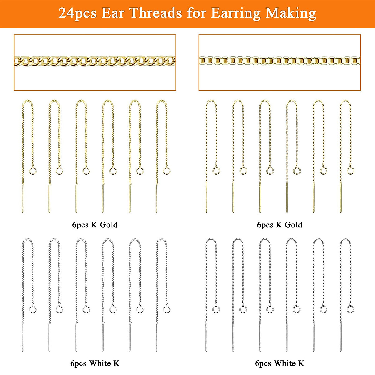 Oubaka 24pcs 8.5cm Ear Threads Long String Ear Threads Hypoallergenic Ear Threads Earrings with Loop Drop Earrings Tassel Chain Earrings for Earring Making DIY Jewelry Craft(2 Styles,2 Colors)