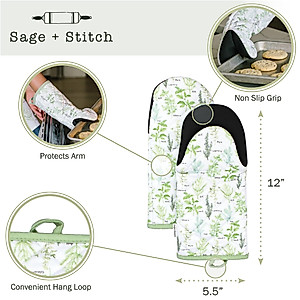 Sage+Stitch Oven Mitts and Pot Holders 4 Piece Set | Heat Resistant Gloves | Accessories for Kitchen and Baking | Green Herb Design