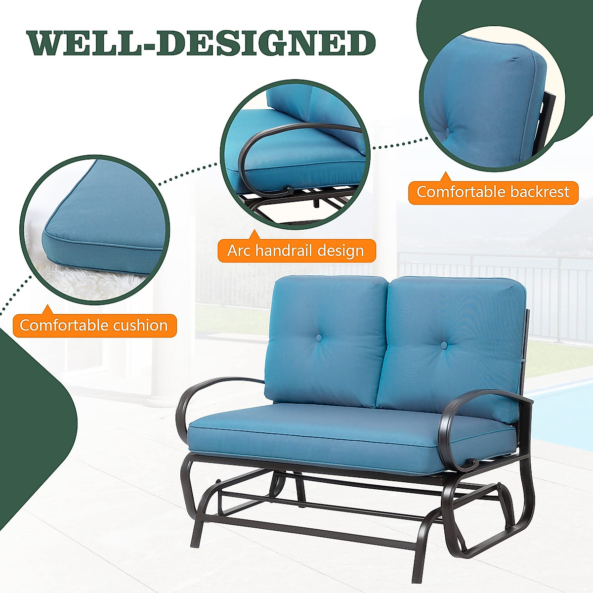 Shintenchi Outdoor Patio Metal Swing Glider Bench 2-Rocking chair Loveseat Wrought Iron Patio Furniture Steel Frame Chair Set with Cushion for Porch Balcony Garden,Bule