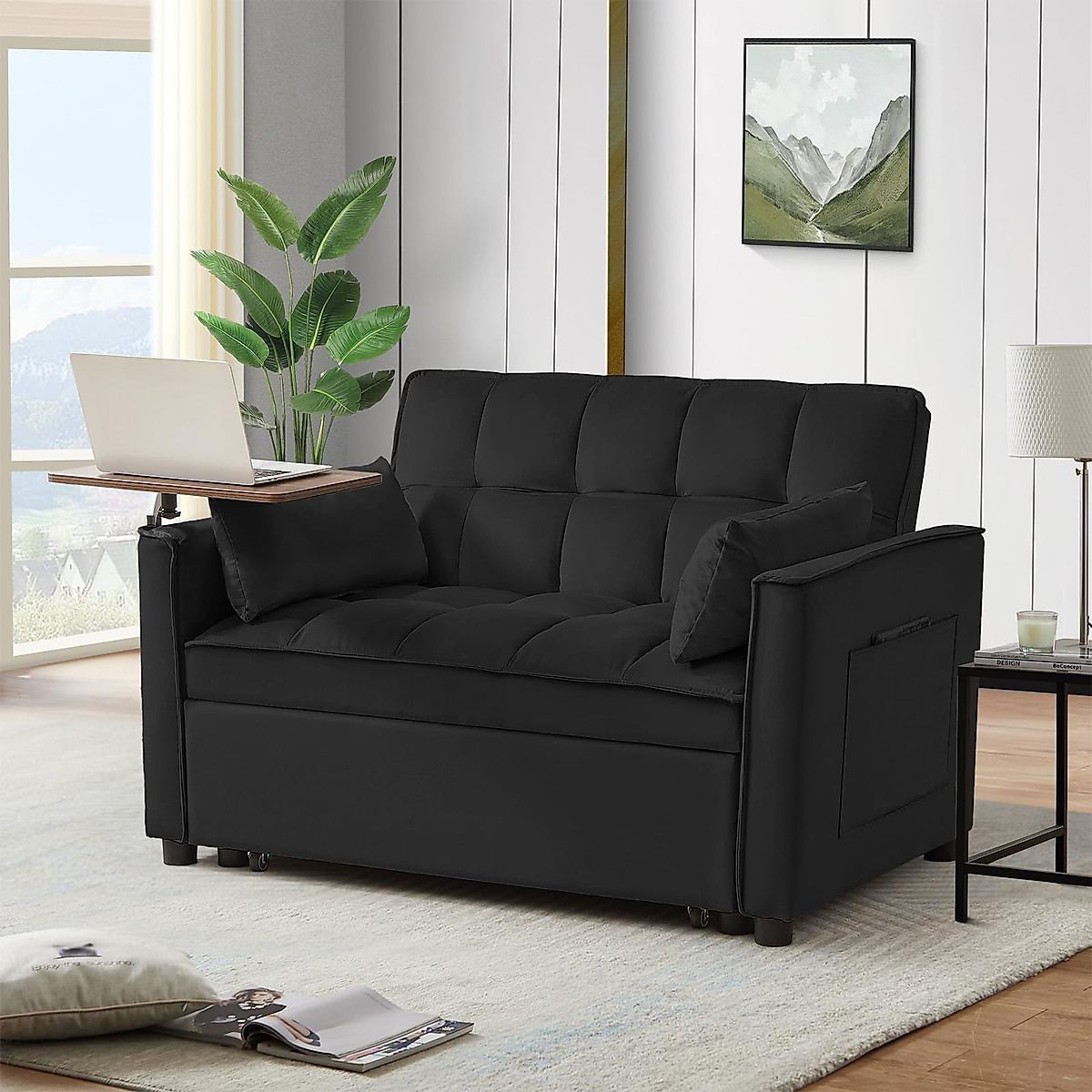 Velvet Sleeper Sofa Bed with Side Table, 3-in-1 Pull Out Loveseat with Adjustable Backrest, Modern Futon Couch with 2 Pockets and Pillows, Convertible Small Love Seat for Living Room, Bedroom, Black