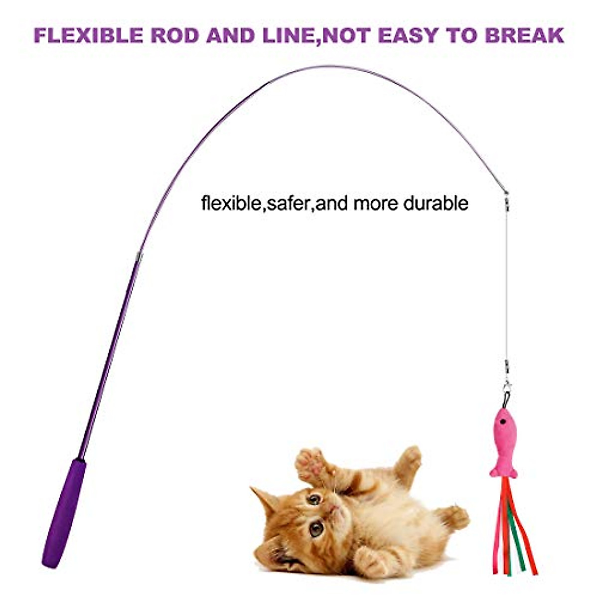 11 Pack Cat Toys Interactive Cat Feather Toys, 2 Retractable Cat Toy Wand, Variety 7 Worms and 1 Catnip Fish Teaser Refills with Bells, Kitten Toys Assortments Fun for Indoor Cats, 1 Replacement Line