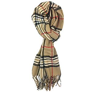 Plum Feathers Super Soft Luxurious Cashmere Feel Winter Scarf (Classic Camel Plaid)
