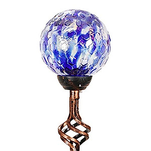 Exhart Garden Solar Lights, Decorative LED Honeycomb Glass Ball Garden Stake, Glass and Metal Outdoor Decoration, Dark Blue, 4 x 31 Inch