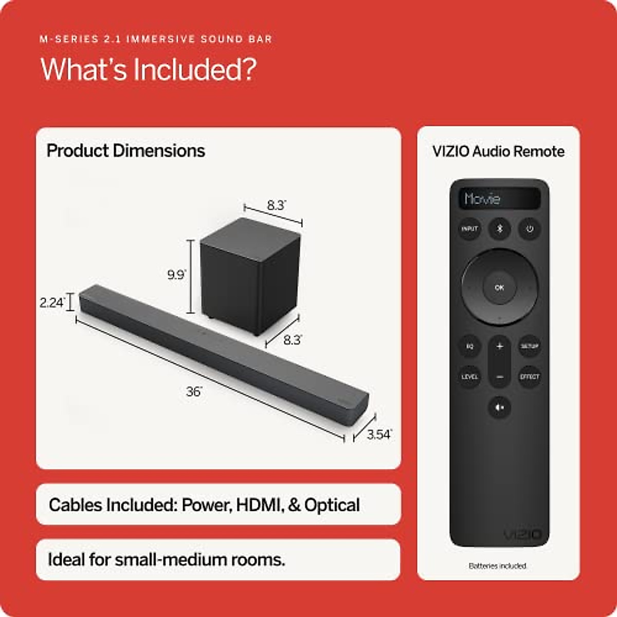 VIZIO M-Series 2.1 Immersive Sound Bar with 5 High-Performance Speakers, Dolby Atmos, DTS:X, Wireless Subwoofer and Alexa Compatibility, M215aw-K6, 2023 Model