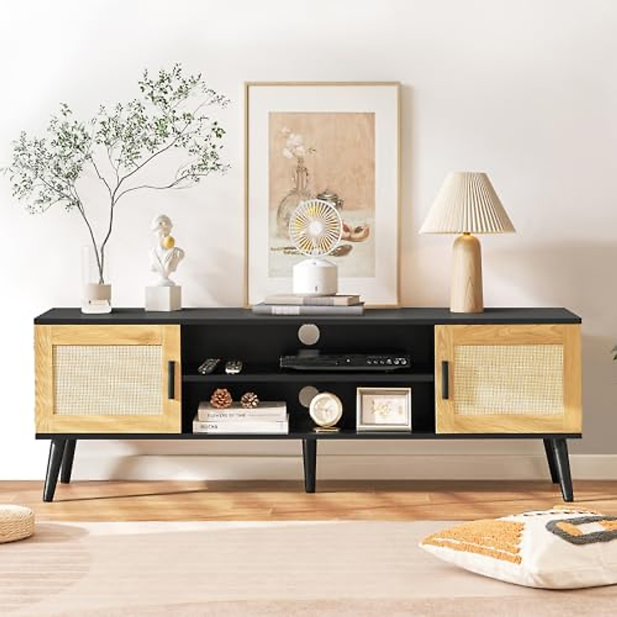 Quimoo Rattan TV Stand for 70 Inch TV, Entertainment Center, TV Console with Adjustable Shelf & 2 Cabinets, TV Stands for Living Room, Bedroom, Black+Natural