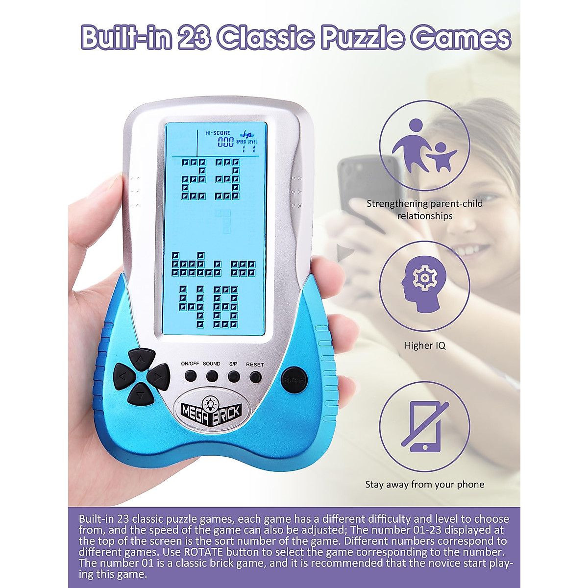 HLF New Retro Block Brick Game Console Large Screen Blue Backlight Brightness can be Adjusted Build in 23 Game Compatible with Lithium Battery/AAA Batteries can Plug in Headphone (Blue)