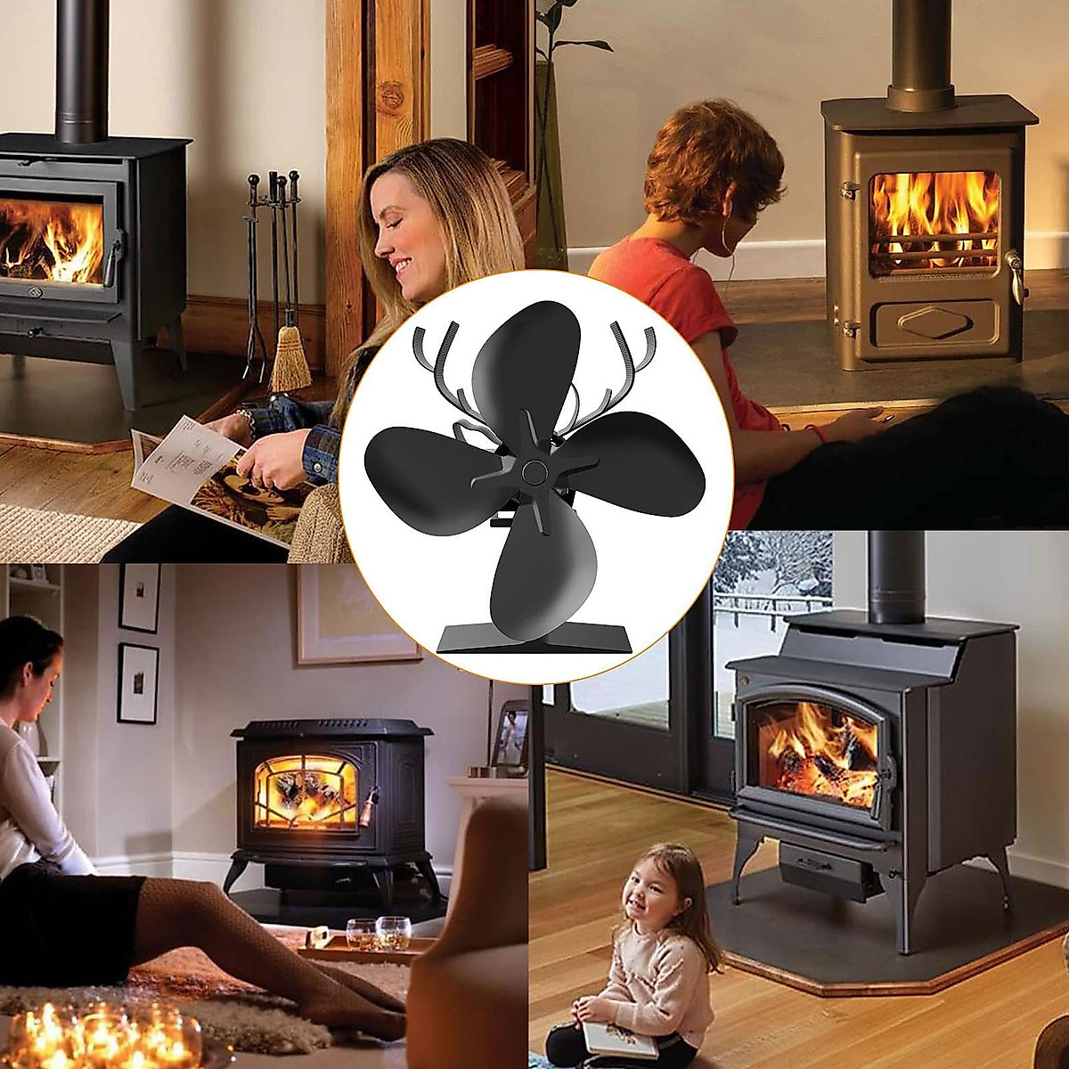 heybb Woodburner Stove Fan, 4 Blades Wood Stove Fans Heat Powered, Silent Operation with Stove Thermometer for Wood, Log Burner, Fireplace, Eco Friendly Circulatons and Efficient Heat Distributions