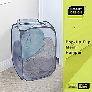 Smart Design Mesh Pop Up Flip Laundry Hamper and Basket - Handles and Side Zipper - Durable Fabric Collapsible Design - Clothes, Toys - Home - Holds 3 Loads - 15 x 25 Inch - Teal