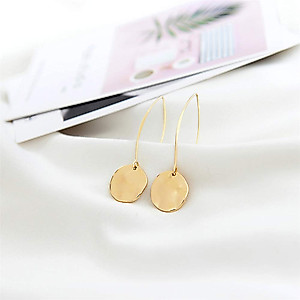 Shiny Hammering Circle Disc Small Dangle Drop Hanging Earrings Long Hoops Round Jewelry for Women (Gold Disc Earrings)