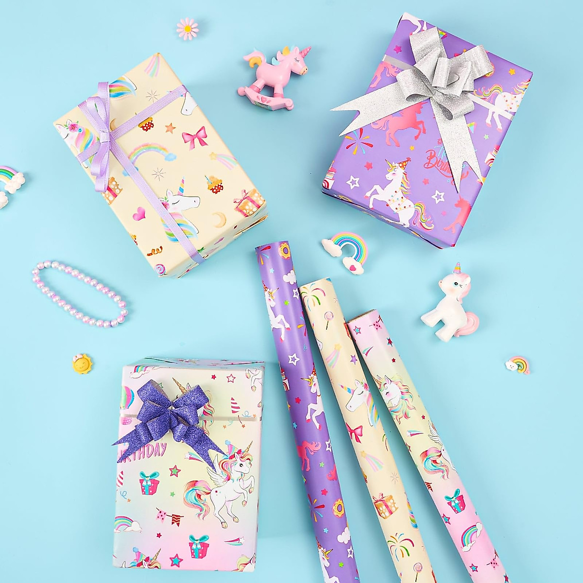 WERNNSAI Unicorn Wrapping Paper Rolls - 3 Rolls 17” x 120” Unicorn Birthday Wrapping Paper Rolls Pink Unicorn Rainbow Gift Wrap Paper Girls Purple Wrapping Paper Rolls Kids Bday Gift Wrap with Cutting Line