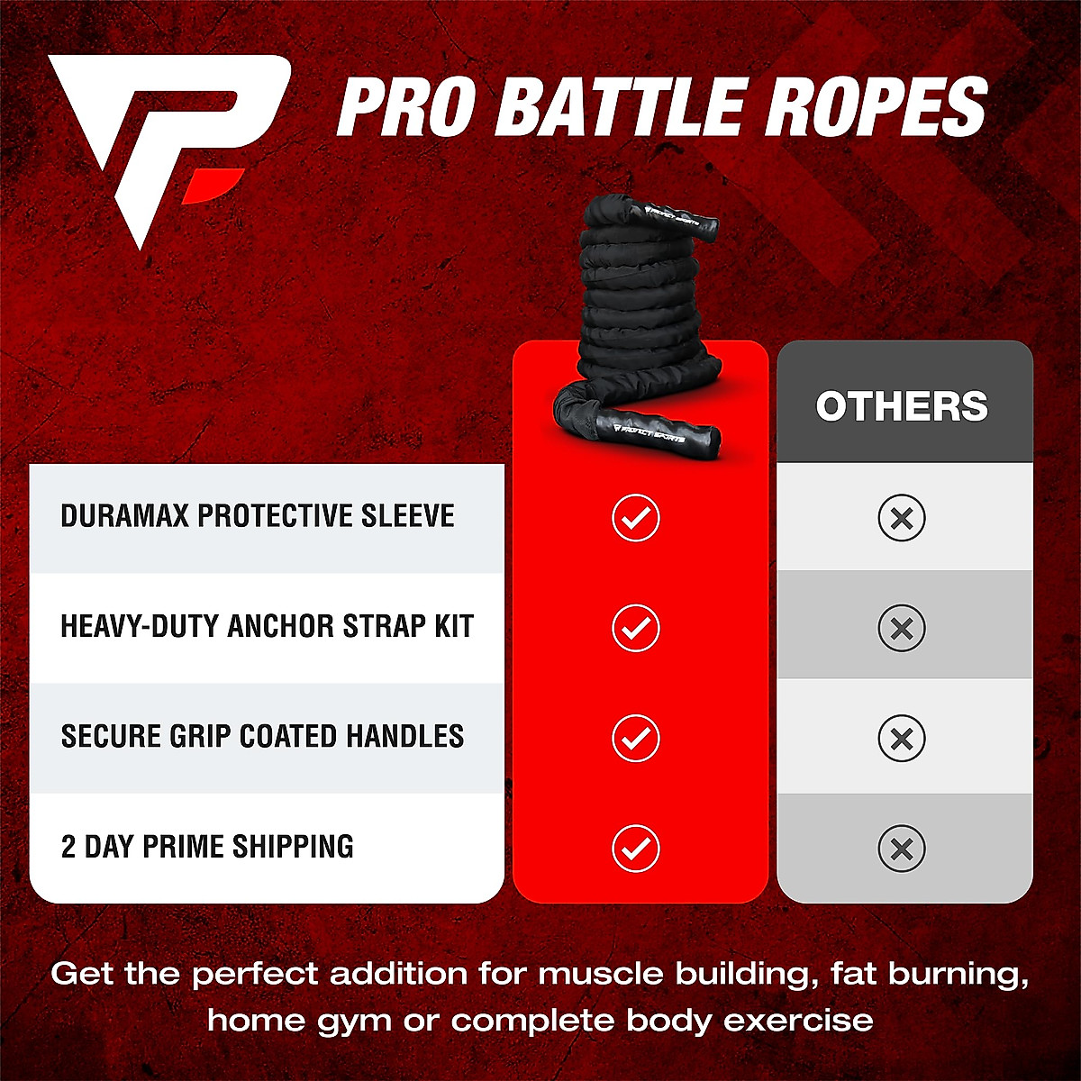Pro Battle Ropes with Anchor Strap Kit and Exercise Poster – Upgraded Durable Protective Sleeve – 100% Poly Dacron Heavy Battle Rope for Strength Training, Cardio Fitness, CrossFit Rope (1.5” x 30 ft)