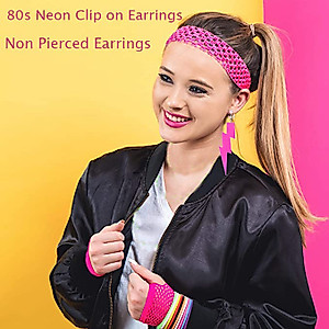 80s Neon Earrings Acrylic Exaggerated Women Lightning Bolt Clip on Earrings Non Pierced Earrings Halloween Jewelry 80's Party (rose red)