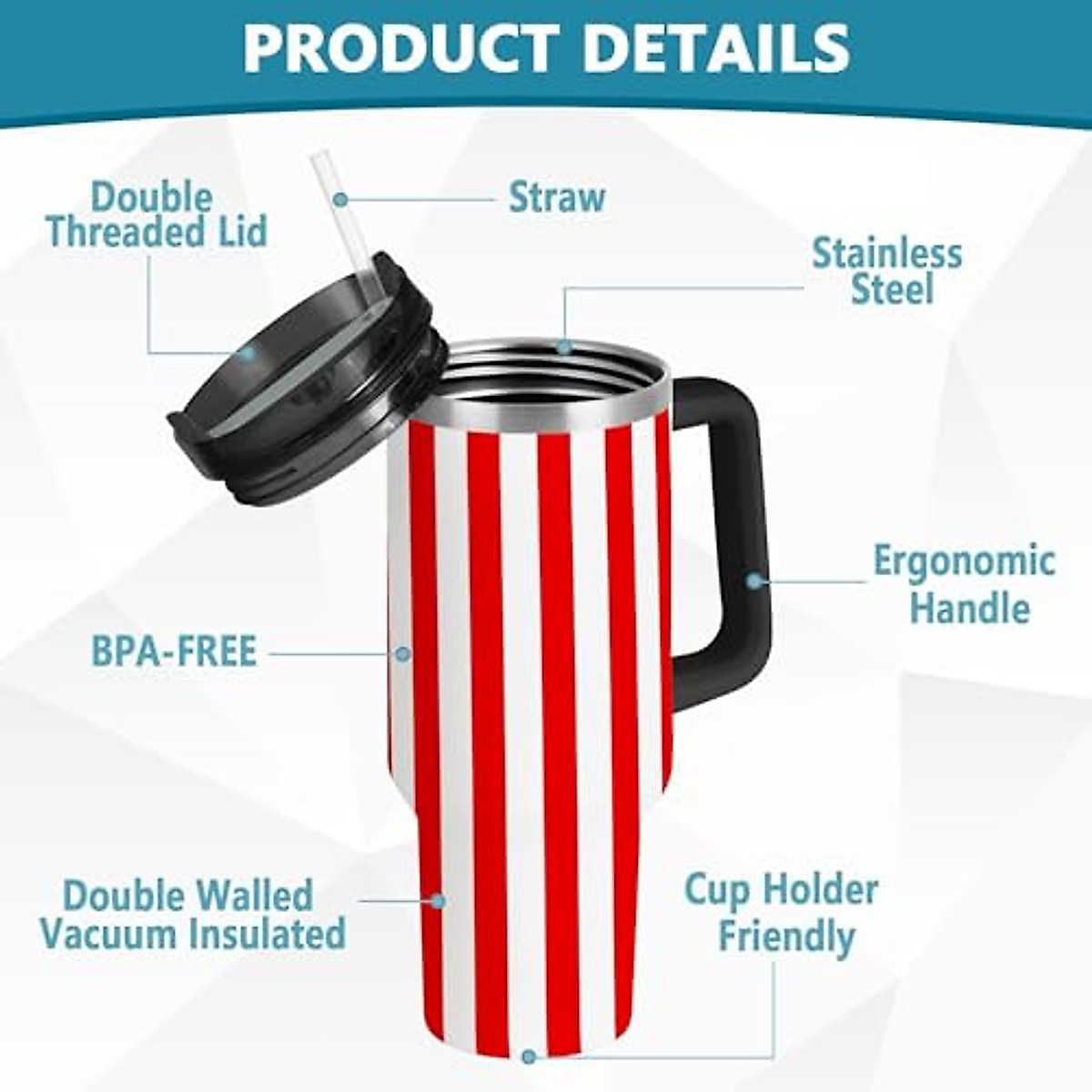 Flradish 40oz Tumbler with Handle, Red White Stripes Stainless Steel Tumbler with Lid and Straws Double Wall Vacuum Insulated Leakproof Coffee Travel Mug