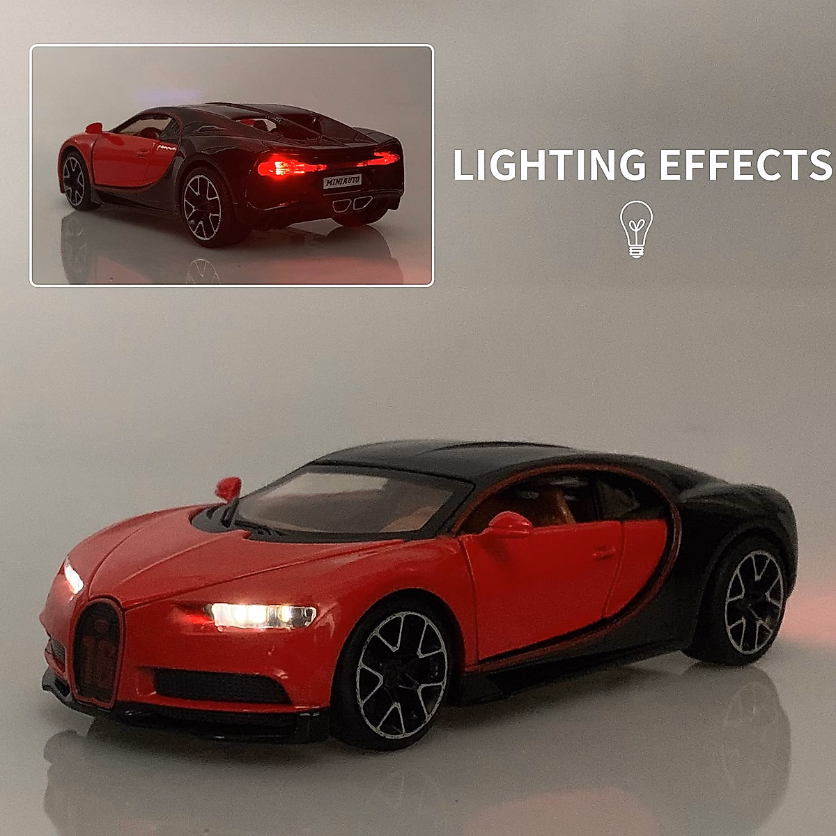 1:32 Bugatti Chiron zinc Alloy Pull Back Car Diecast Electronic Toys with Lights and Music,Decorative,Mini Vehicles Toys for Kids,Boyfriend,Young Peoples Gift（red）
