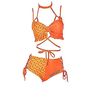 Miraculous Women's Rena Rouge Beach Halter Straps Top with Side-Closure Bottom Bikini Set Swimsuit Bathing Suit (as1, Alpha, l, Regular, Regular, Orange)