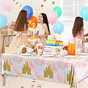 Juweked 3Pcs Princess Castle Tablecloth Rectangle Princess Table Cloth Pink Tablecloth Plastic Princess Table Decorations Pastel Table Cover Gold and Pink Princess Party Decor, 70.8" x 42.5"