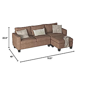 YESHOMY Convertible Sectional Sofa with Comfortable Backrest,L-Shaped Couch with Modern Cotton Fabric for Living Room, Brown