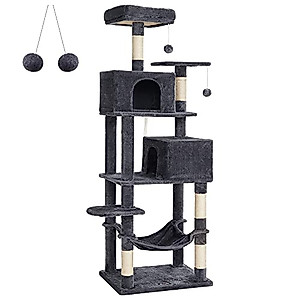 Feandrea Cat Tree, 75.2-Inch Cat Tower for Indoor Cats, Plush Multi-Level Cat Condo with 5 Scratching Posts, 2 Perches, 2 Caves, Hammock, 2 Pompoms, Smoky Gray UPCT191G01