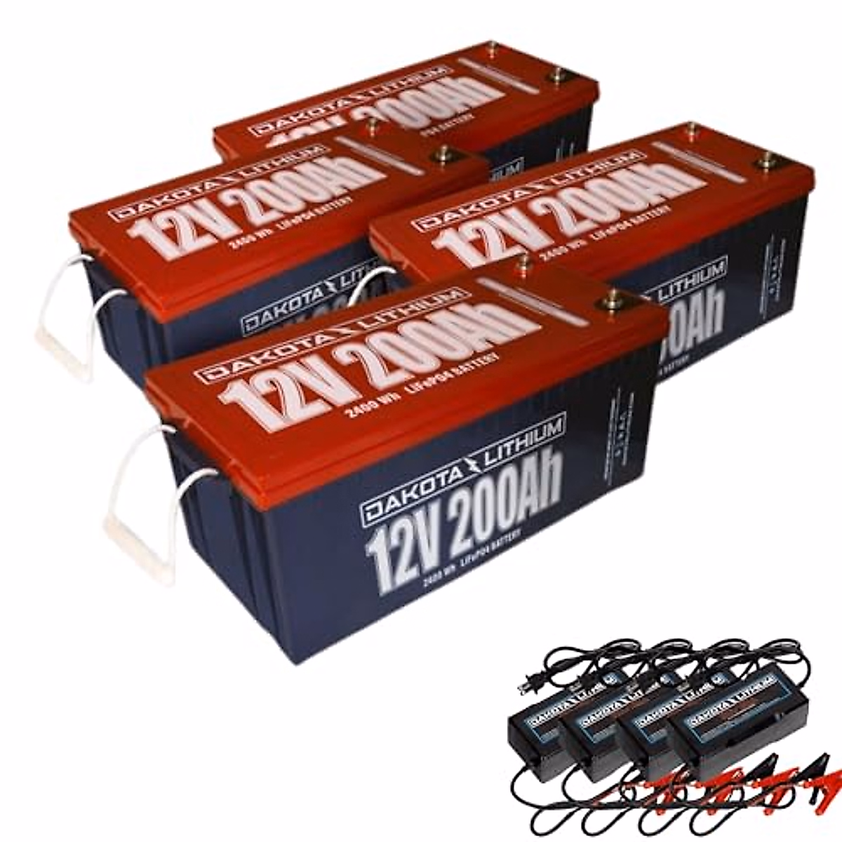 Dakota Lithium - 12V 800Ah Solar Battery Bank - 11 Year Warranty Home Power Storage, Emergency Power, Off-Grid, Solar Power, Powerwalls, and More - 4 Batteries, 4 Chargers, Wiring Connector Included