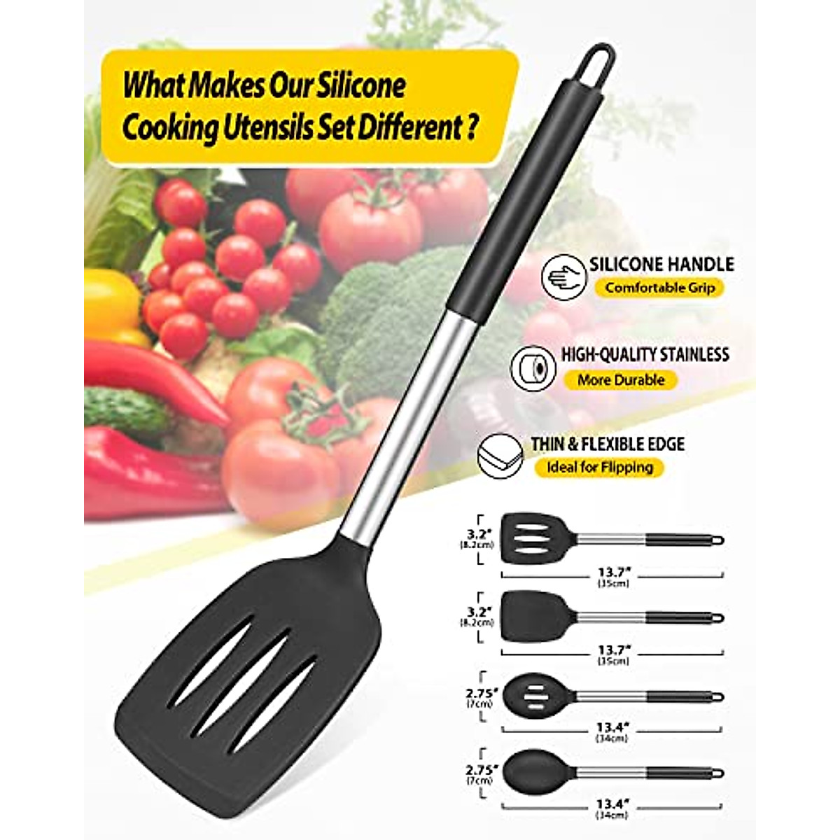 Pack of 4 Silicone Cooking Utensils Set, Non Stick Large Solid Spatulas, Heat Resistant Black Slotted Spoons, Ideal BPA Free Kitchen Turners for Frying, Mixing,Serving,Draining,Turning,Stirring