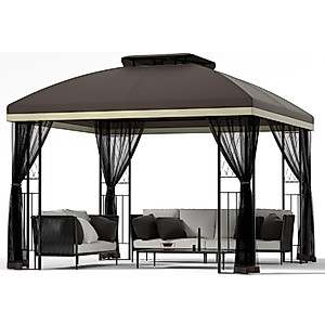 FUNG YARD 10x10 Outdoor Gazebo, Double Roof Patio Gazebo with Mosquito Netting, Sturdy Steel Frame, Sun & Waterproof, Perfect for Backyard, Garden, Party (Brown)