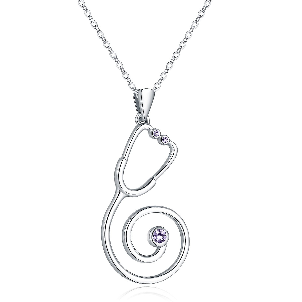 Ring Holder Necklace for Nurse - 925 Sterling Silver Stethoscope Necklaces Bcirthstone Medical Jewelry for Doctor Nurse RN Medical Student Graduation Gifts for Women (Amethyst（June）)