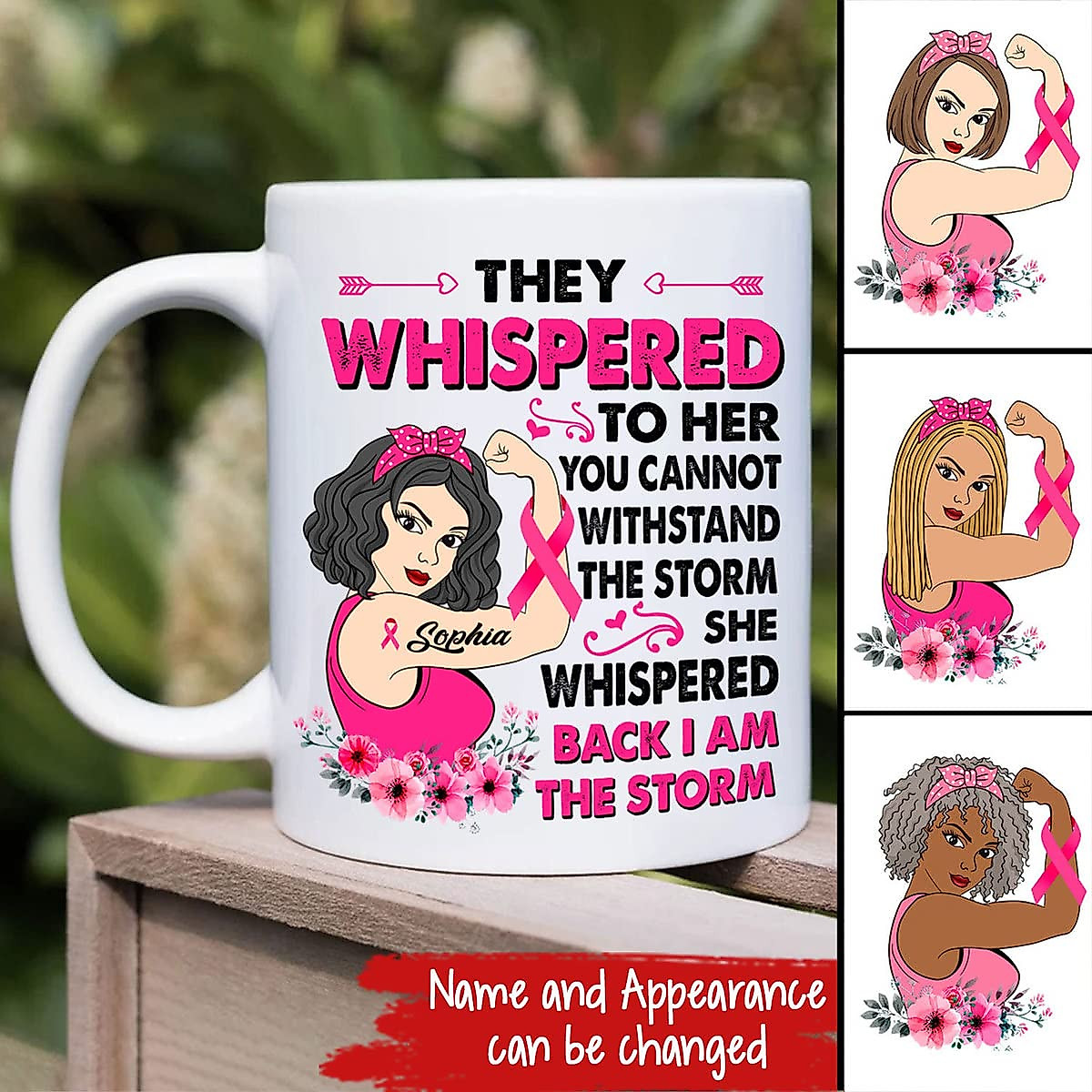 GERBERA STORY - Custom Breast Cancer Awareness Coffee Mug Personalized Breast Cancer Gifts For Women Cancer They Whispered to Her You Can't Withstand The Storm Mug 11oz or 15oz