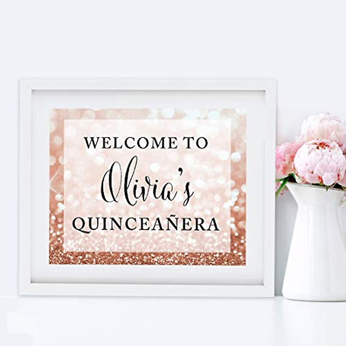 Andaz Press Personalized Glitzy Faux Rose Gold Glitter 8.5-inch Party Sign, Welcome to Olivia's Quinceañera, 1-Pack, Custom Name, 15th Birthday Mis Quince Quinceanera