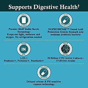 Probiotics 70 Billion CFU – 15 Probiotic strains + Organic Prebiotic+ Postbiotic 3-in-1 Complete – Promotes Healthy Digestive & Immune Function –Gas, Bloating, Constipation Support – for Men & Women