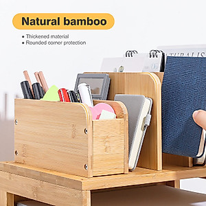 Homde Bamboo Desk Organizer with File Holder, Office Organization for Desks with Adjustable Pen Holding, Desktop Letter Paper Tray Storage for Workplace Home School (3-Tier,Natural)