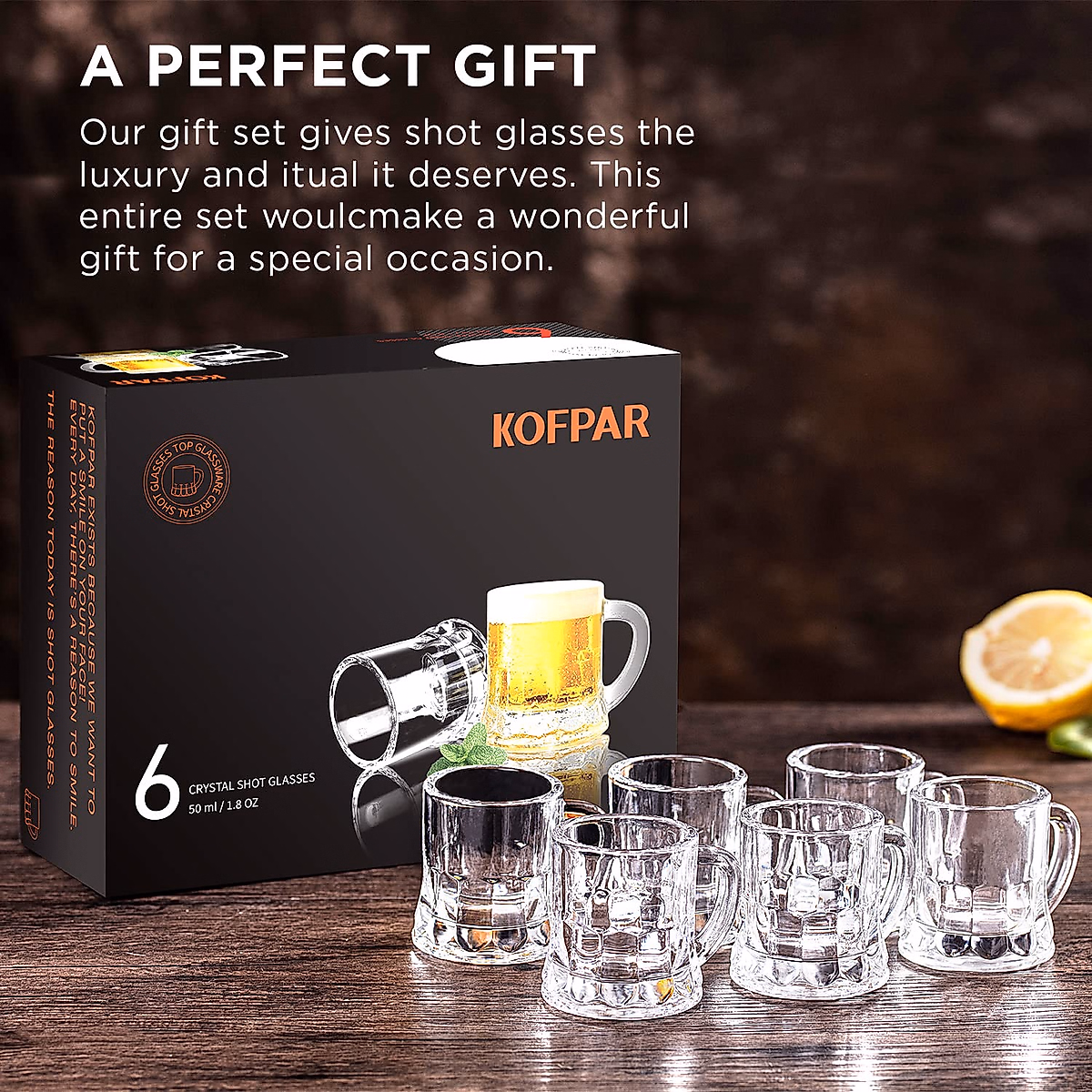 KOFPAR 6 Pcs Shot Glasses, Mini Beer Mug Shot Glasses with Handles, 50 ml/1.8 oz Shot Glasses for Vodka, Whiskey, Tequila, Espresso, Perfect Valentine's Day Gift for Men Women Birthday Gifts (Glass)