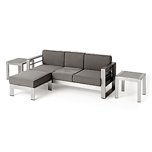 Christopher Knight Home Cape Coral Outdoor 3 Seater Aluminum Conversation Set with Water Resistant Cushions, 20 "W x 20 "D x 18 "H, Silver + Khaki