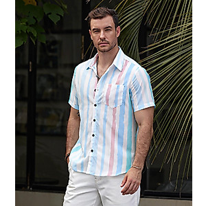 VATPAVE Mens Striped Summer Shirts Casual Button Down Short Sleeve Beach Stylish Untucked Hawaiian Shirts Small Blue Pink