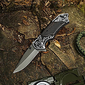 Dispatch 4.5 Inch Folding Pocket Knife with Stainless Steel Titanium Plated Blade, Chicken Wing Wood Handle with Aluminum Piece Head and Tail for Survival, Hunting, Tactical, Outdoor Camping EDC Tool