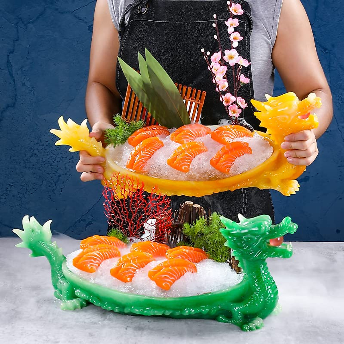 2 PCS Resin Dragon Sushi Boat Serving Tray Set, 21.3Inch Seafood Plate, Japanese Food Tableware, Salmon Platter, Dry Ice Plate, Large Sushi Boat Plate for Sashimi Board Seafood Party, Gold/Green