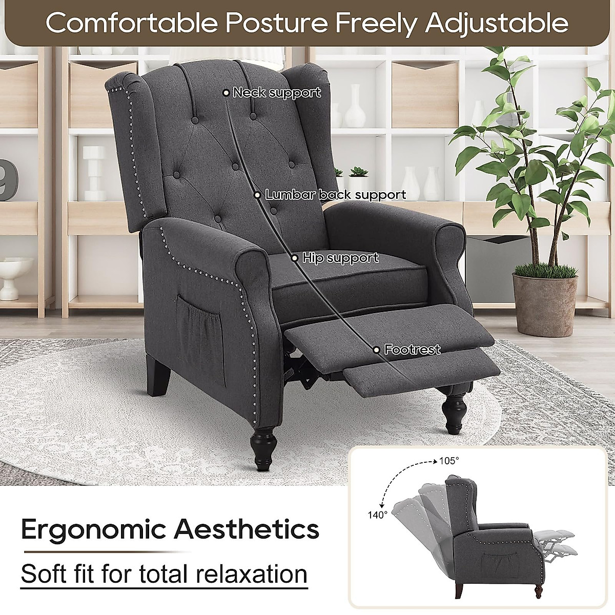 PALLOME Wingback Recliner Chair with Massage and Heat Tufted Fabric Push Back Arm Chair, Recliner Chair for Living Room Bedroom Home Theater (1,Grey)