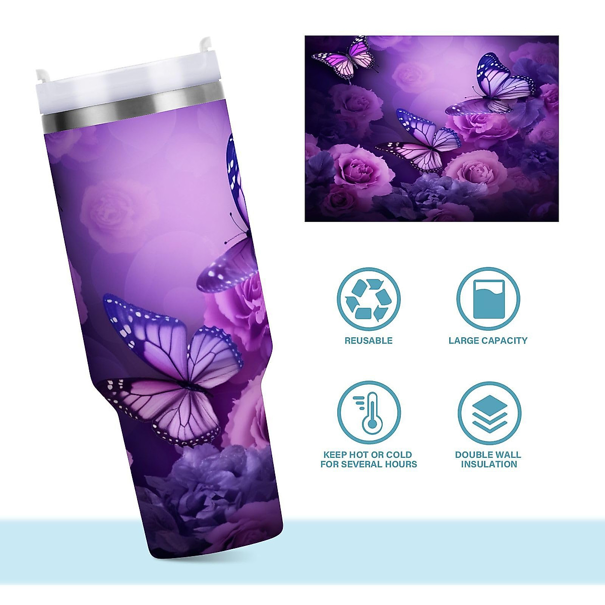 Maunzc 30 oz Tumbler with Handle and Straw, Insulated Stainless Steel Travel Mug with Lid for Coffee, Iced Tea, Water, Gift for Men Women (Purple Butterfly)