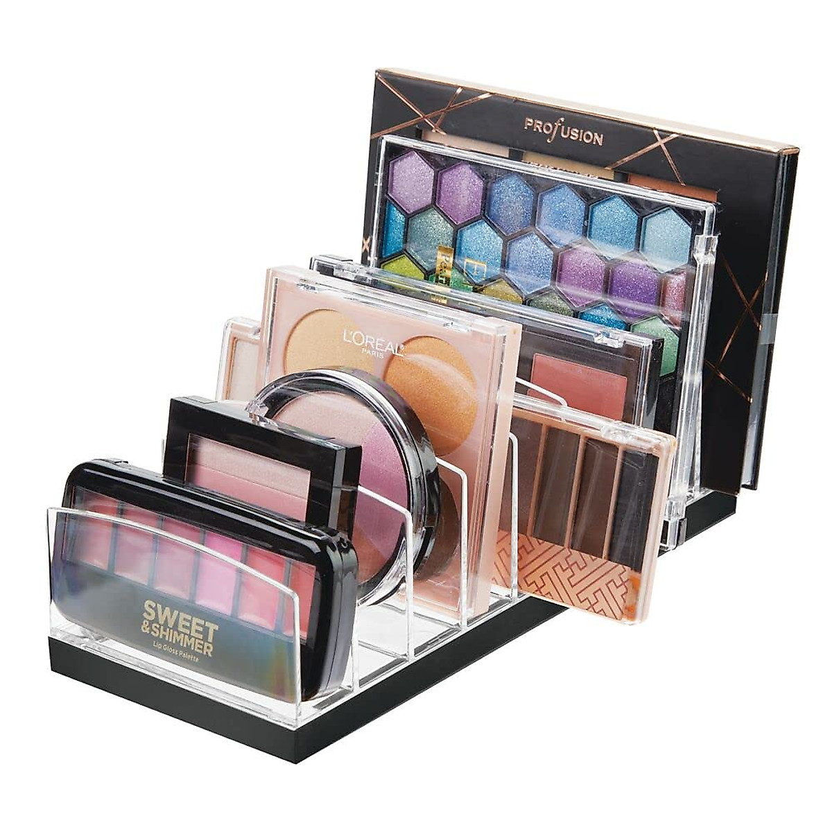 mDesign Plastic Divided Cosmetic Palette Organizer with 9 Sections - Makeup Storage for Bathroom Vanity, Cabinet, Drawer - Holds Eyeshadow, Blush, Powder - Lumiere Collection - Clear/Black