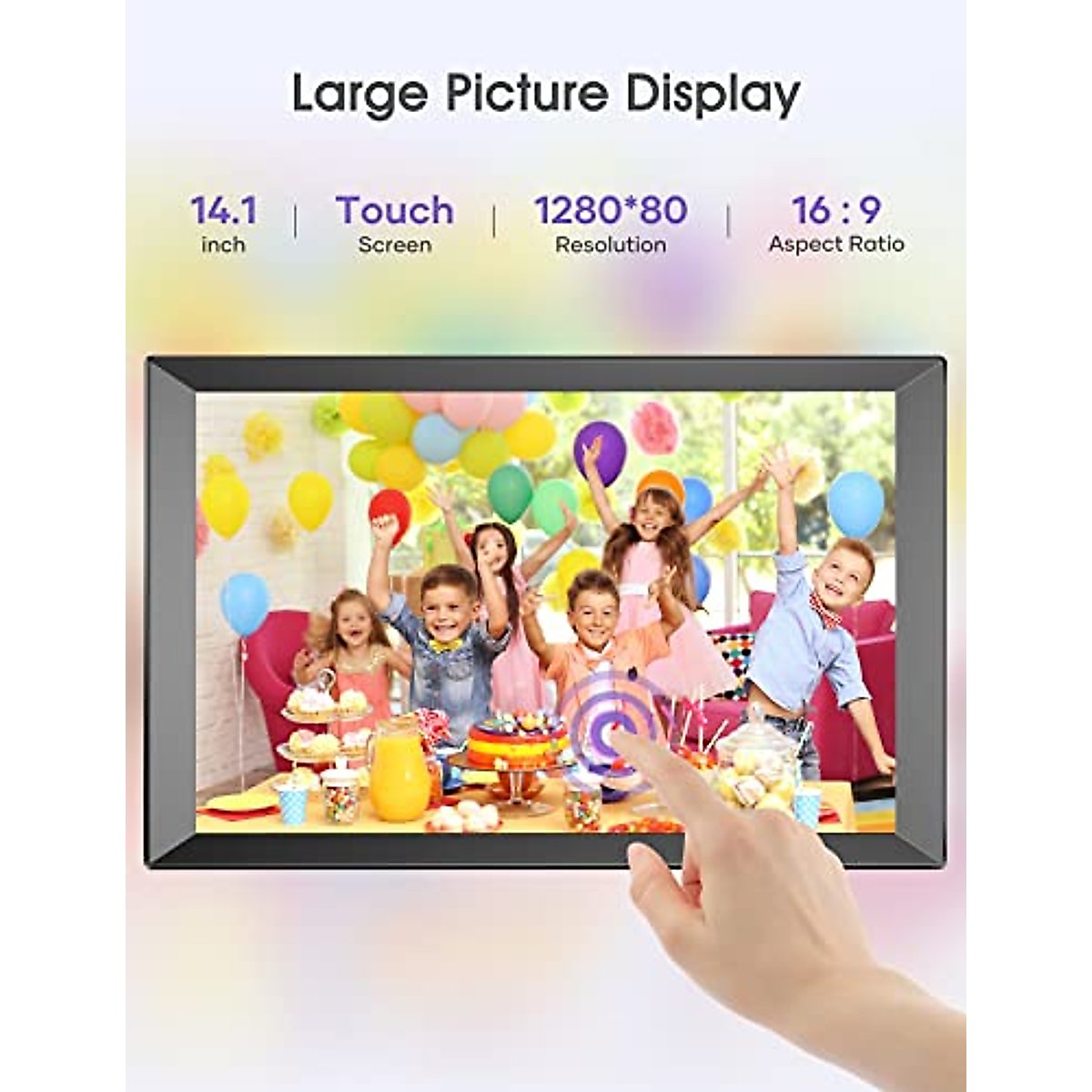 BIGASUO 14.1 Inch Large Digital Picture Frame with 1280x800 IPS HD Touchscreen, Built-in 16GB Storage WiFi Smart Photo Frame, Share Photos and Videos Remotely via APP, Auto-Rotate, Wall- Mountable