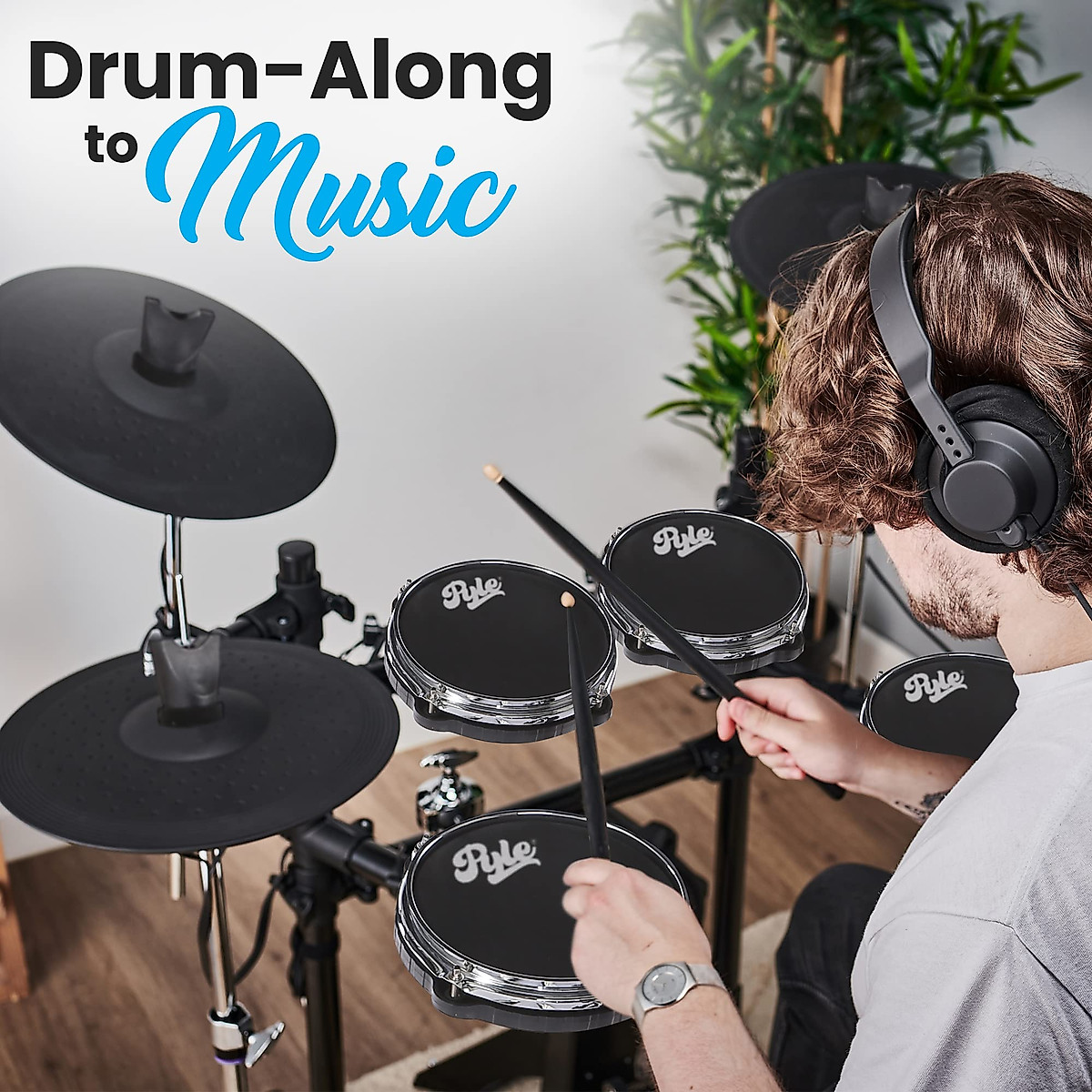 Pyle Electric Drum Set-Portable Quiet Electronic Kit with Mesh, Touch Sensitive Pads for Beginner, Supports MIDI (Mac & PC), Easy to Setup, Sticks Included for Home＆Outdoor-PTEDK86 Black